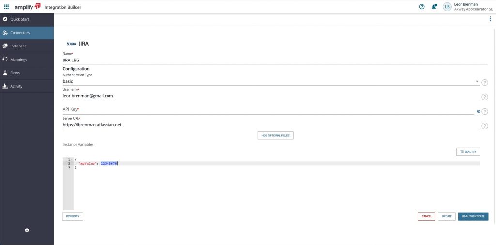 Amplify Integration Builder Connector Instance Variables